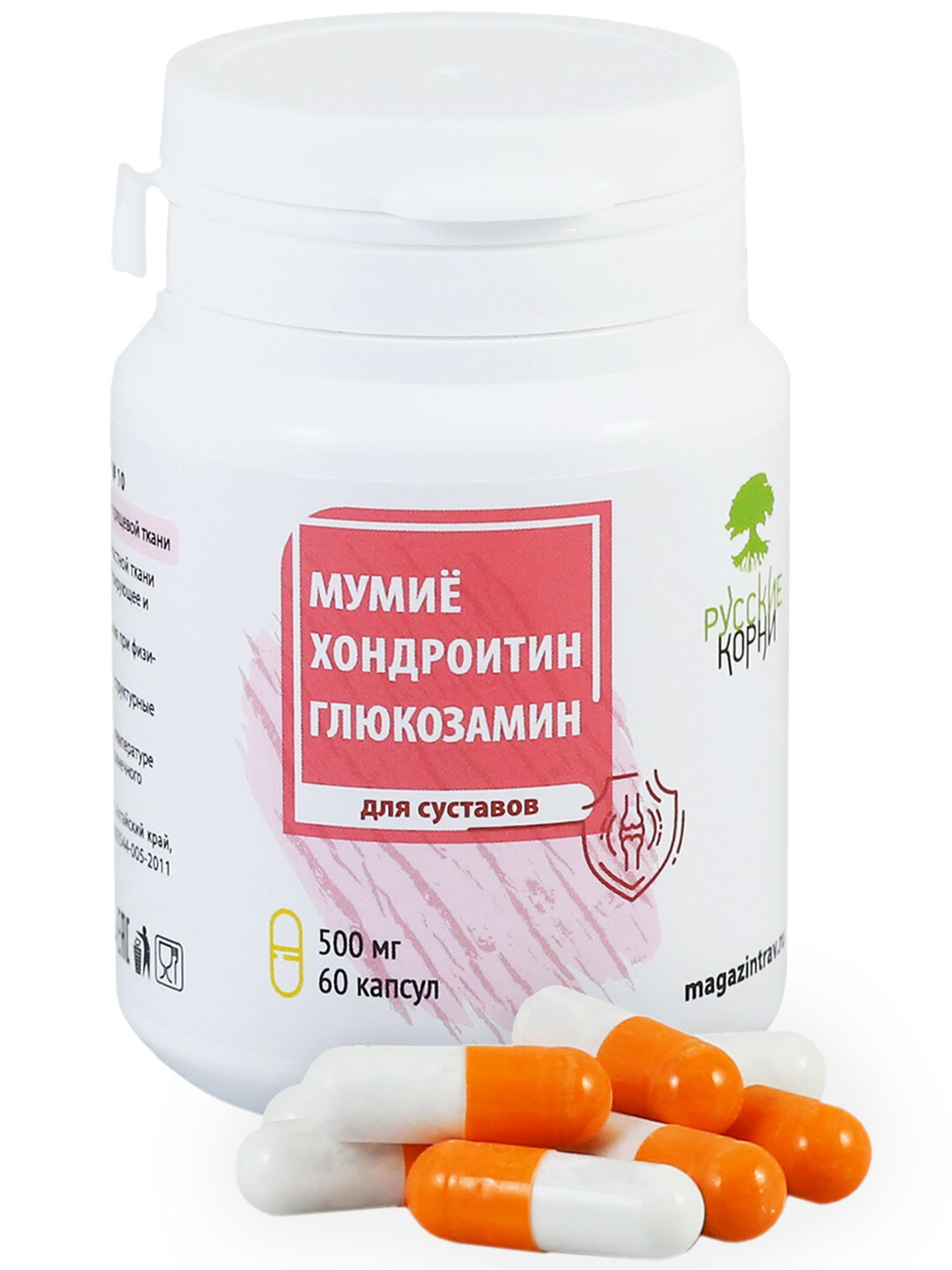 Русские Корни, Мумиё, хондроитин, глюкозамин для подвижности суставов (60 капсул по 0,5 г)