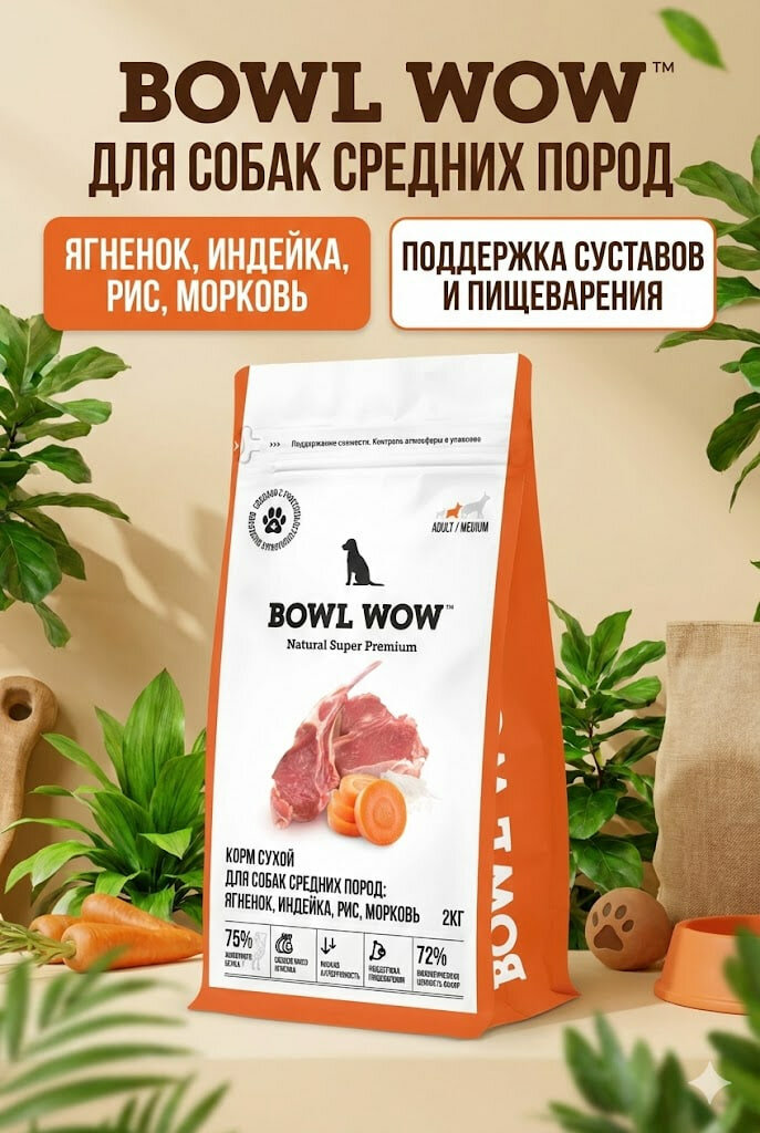 Сухой корм BOWL WOW корм для собак, средних пород с ягненком, индейкой, рисом и добавл. моркови 2кг