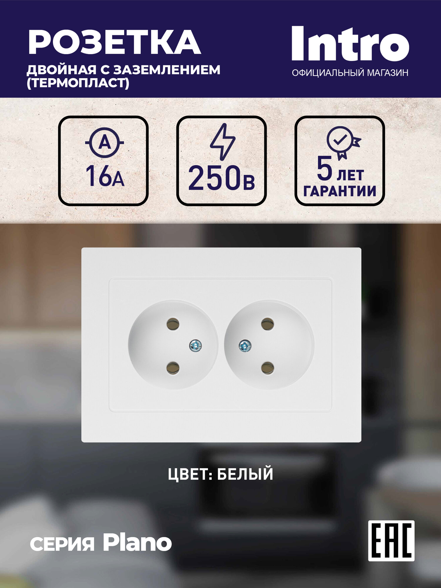 Розетка Intro Accent с заземления двойная 2х2P 16А-250В IP20 скрытой установки белый