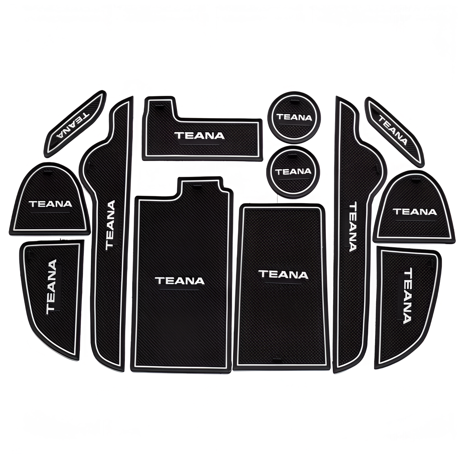Силиконовые противоскользящие накладки на Nissan Teana III 2014-2020 на дверь, подстаканник, на подлокотник черно-белая