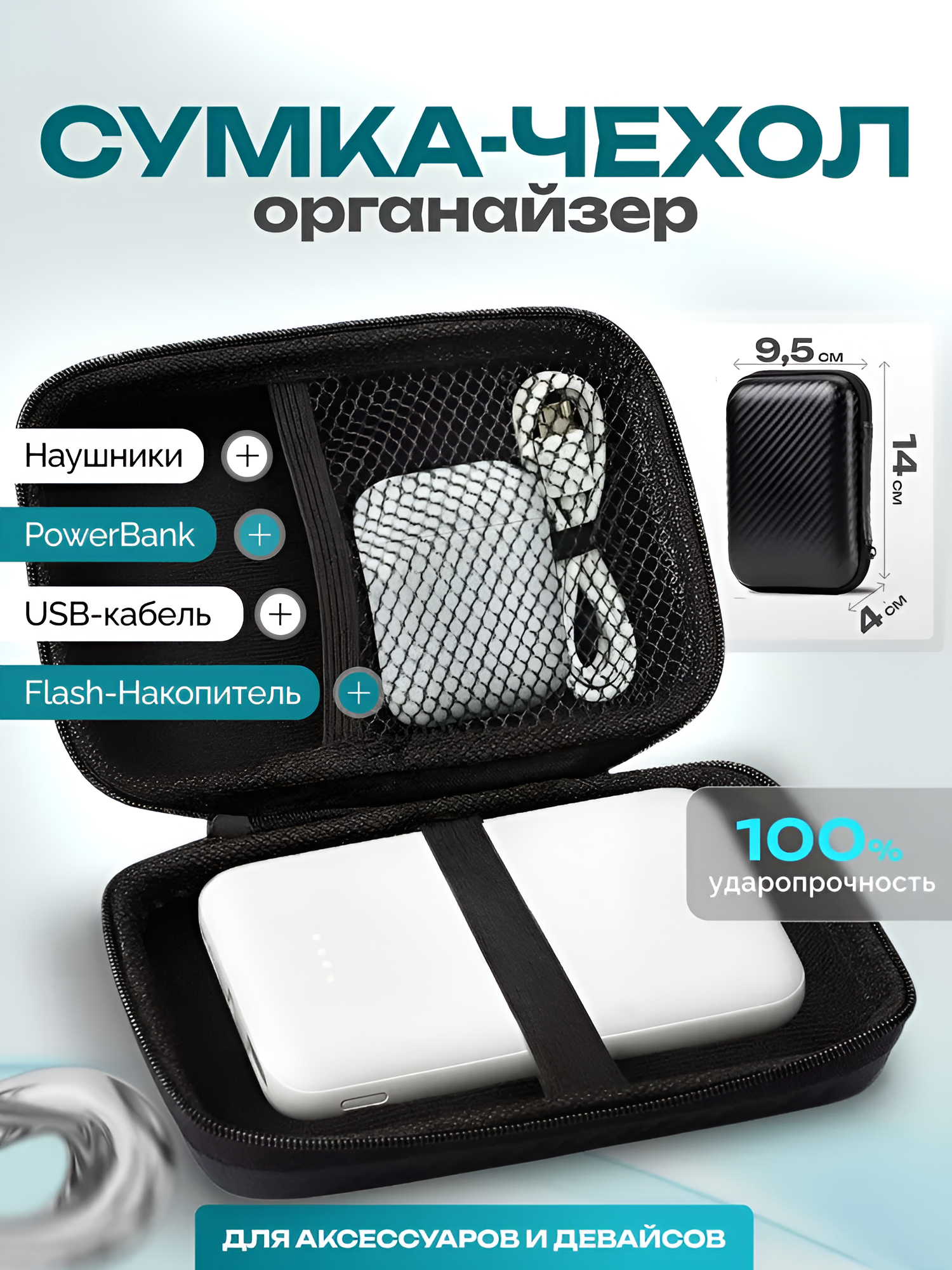 Чехол-кейс на молнии для проводных и беспроводных наушников, зарядки, проводов, повербанка / Универсальный органайзер