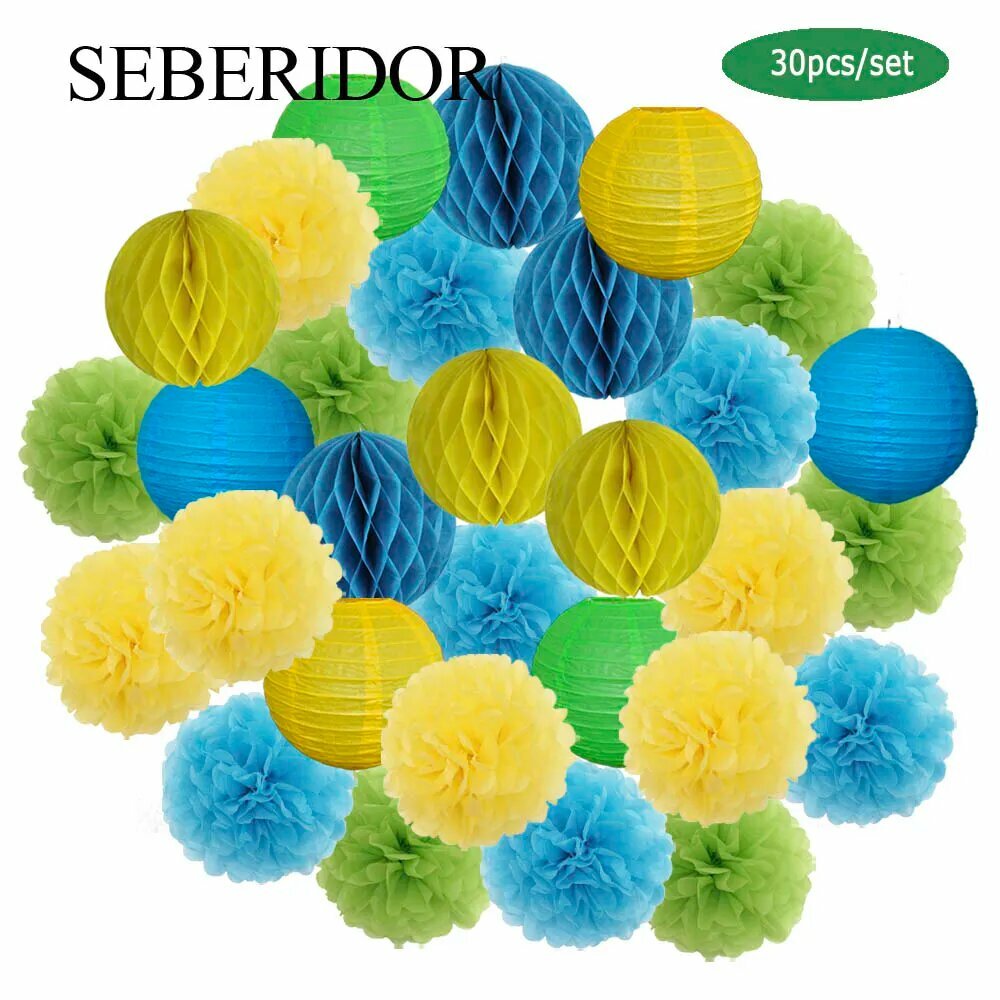 Бумажные помпоны и фонари SEBERIDOR, 30 шт, Green Blue Yellow, 15см