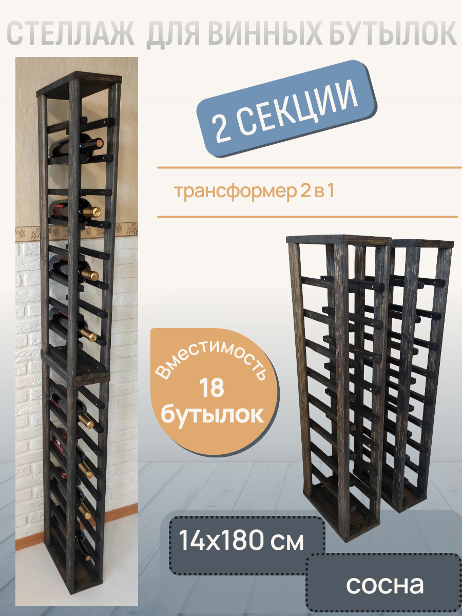 Стеллаж винный RackForWine однорядный двухсекционный на 18 бутылок цвет черный