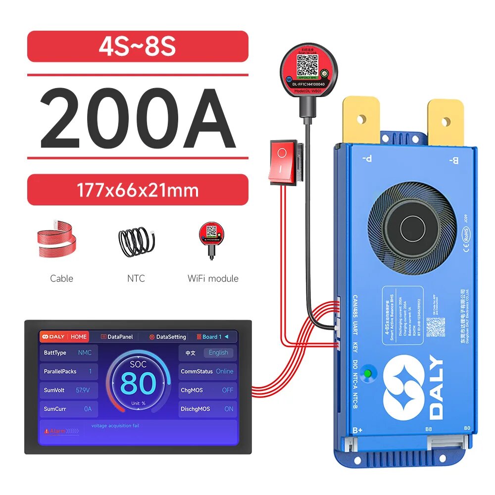 DALY Smart BMS LiFePo4 100-500A 4-8S 200ABMS 4.3LCD