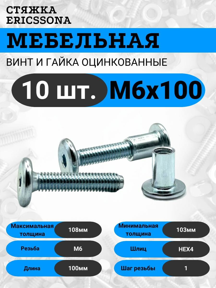 Стяжка мебельная М6х100, винт ART7420 и гайка ERICSSONA М6, 10 шт.