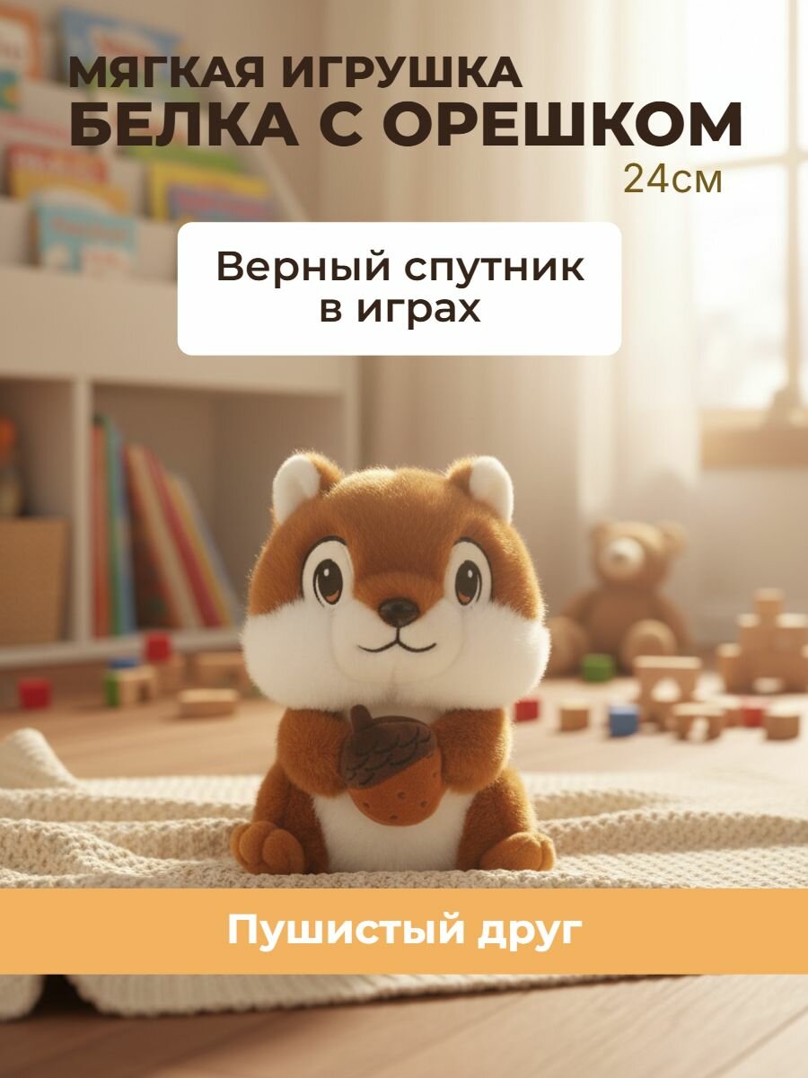 Мягкая игрушка - Белка с орешком. 24 см. рыжая.