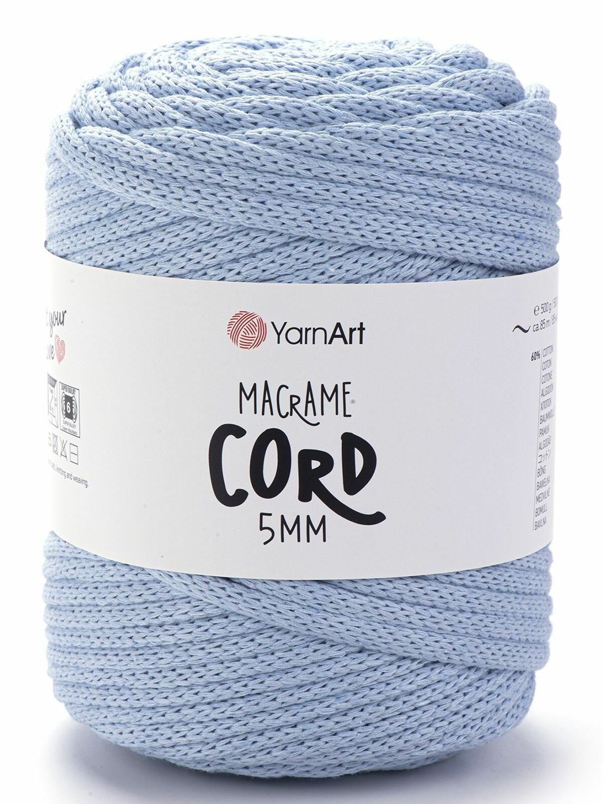 Пряжа YarnArt Макраме Корд, для вязания и плетения, голубая, хлопок, 5 мм