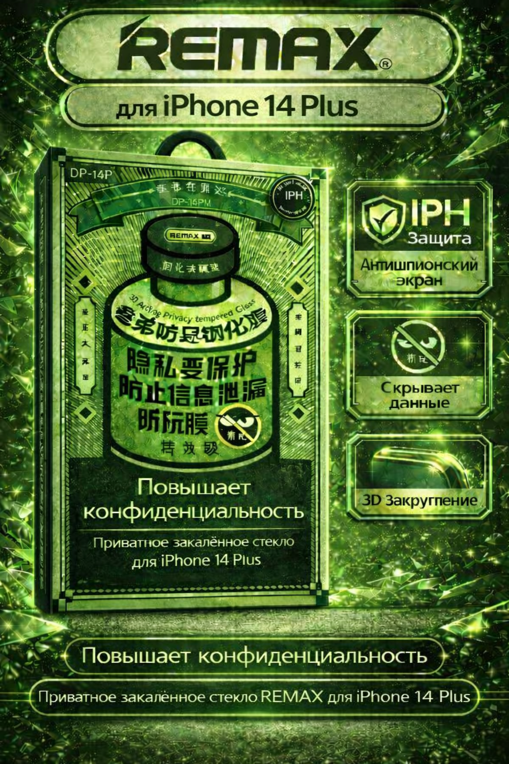Стекло антишпион для iPhone 14 Plus, REMAX PRIVACY противоударное бронестекло для Айфон 14 Плюс