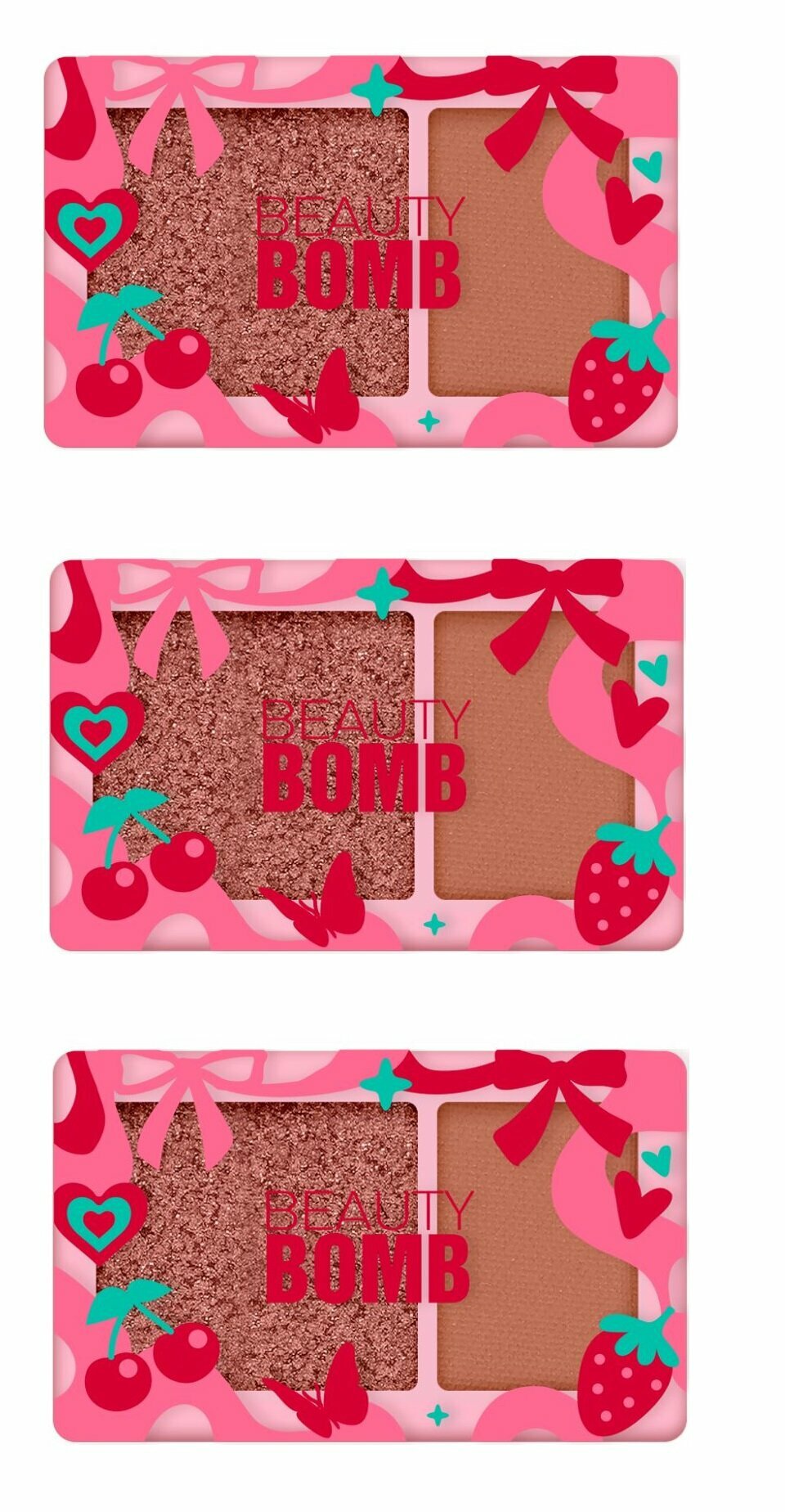 Палетка Beauty Bomb теней для век двойная Double Eyeshadow Palette, тон 02 Cherry Lady, 3,4 гр - 3 штуки