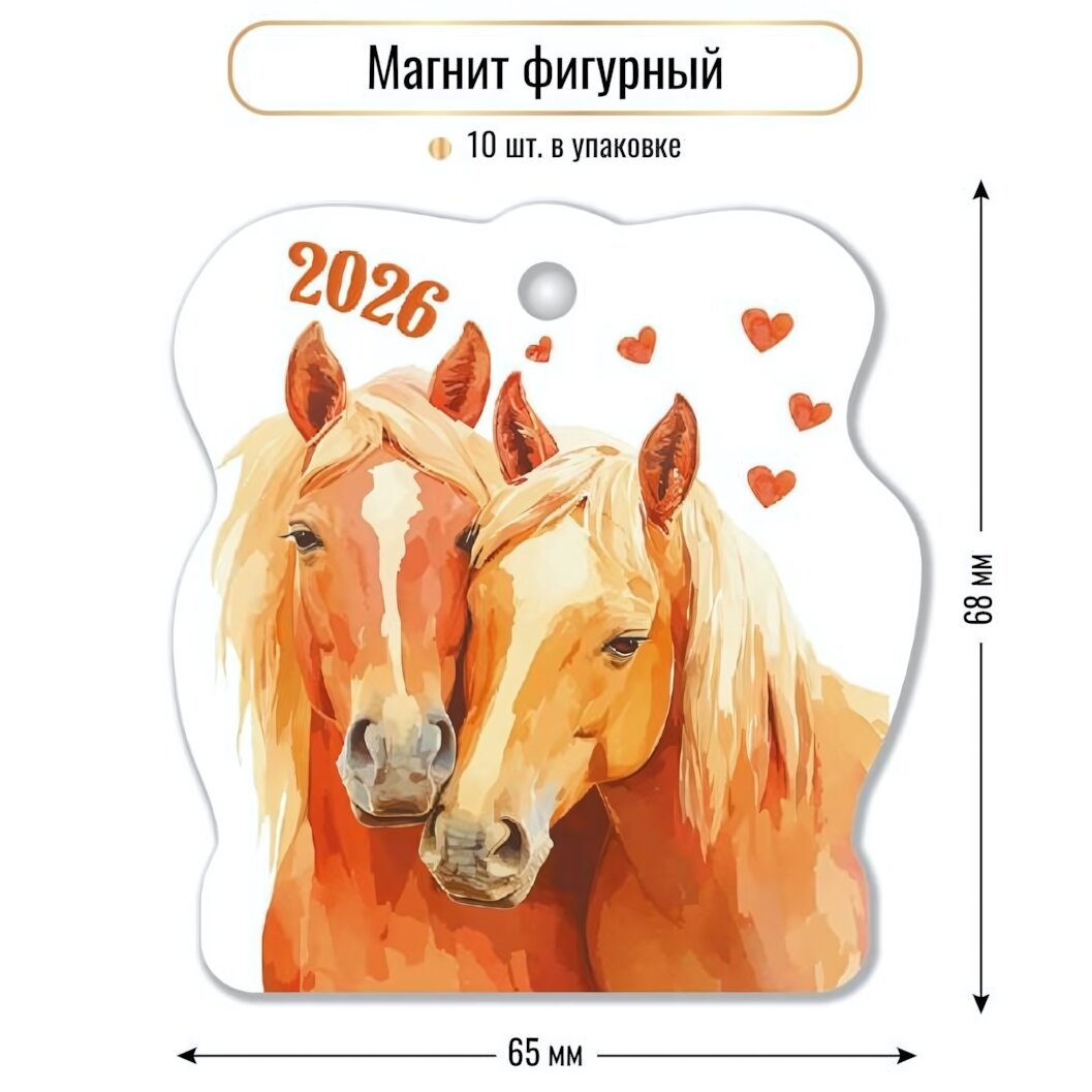 Магнит фигурный 2026 «Символ года», лошади, 65х68мм, разноцветный принт