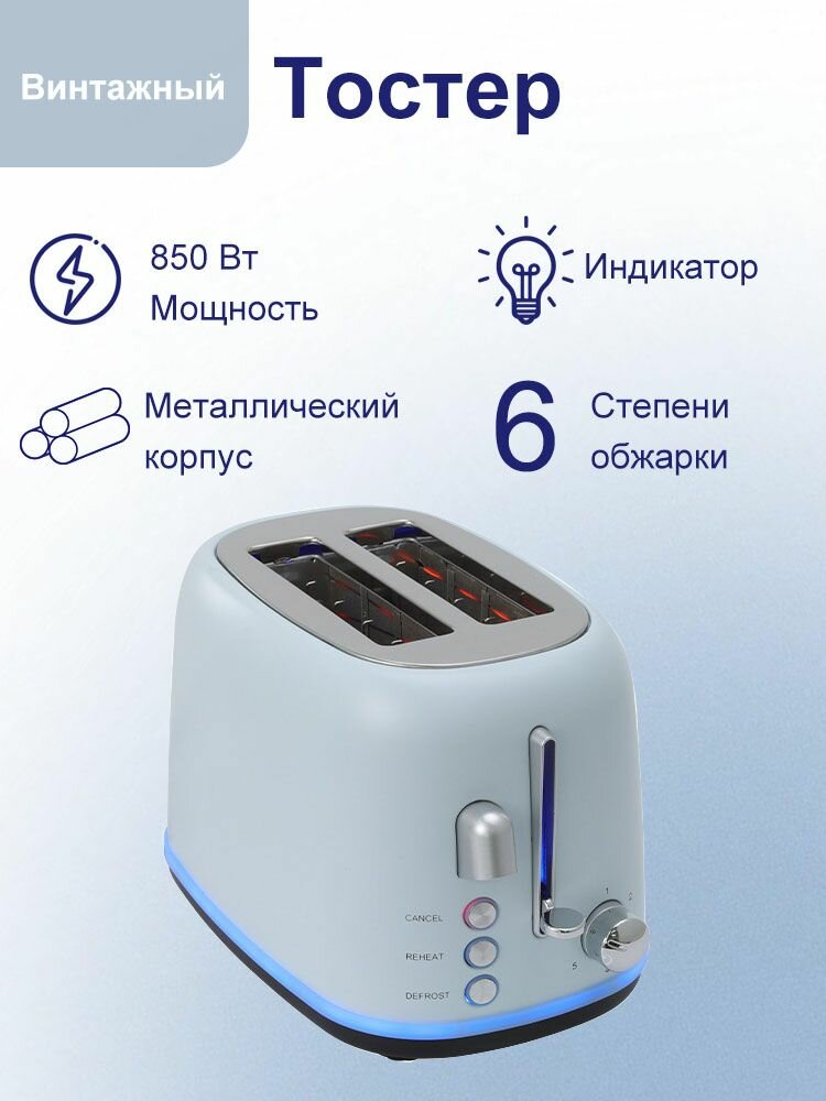 JIQI Тостер Электрический тостер, 2 широких слота, с индикатором, 850 Вт, 6 уровней прожарки, с функцией подогрева и размораживания, съемный поддон для крошек, хлебопечка/бутербродница для дома. Винтажный стиль 850 Вт тостов - 2, голубой