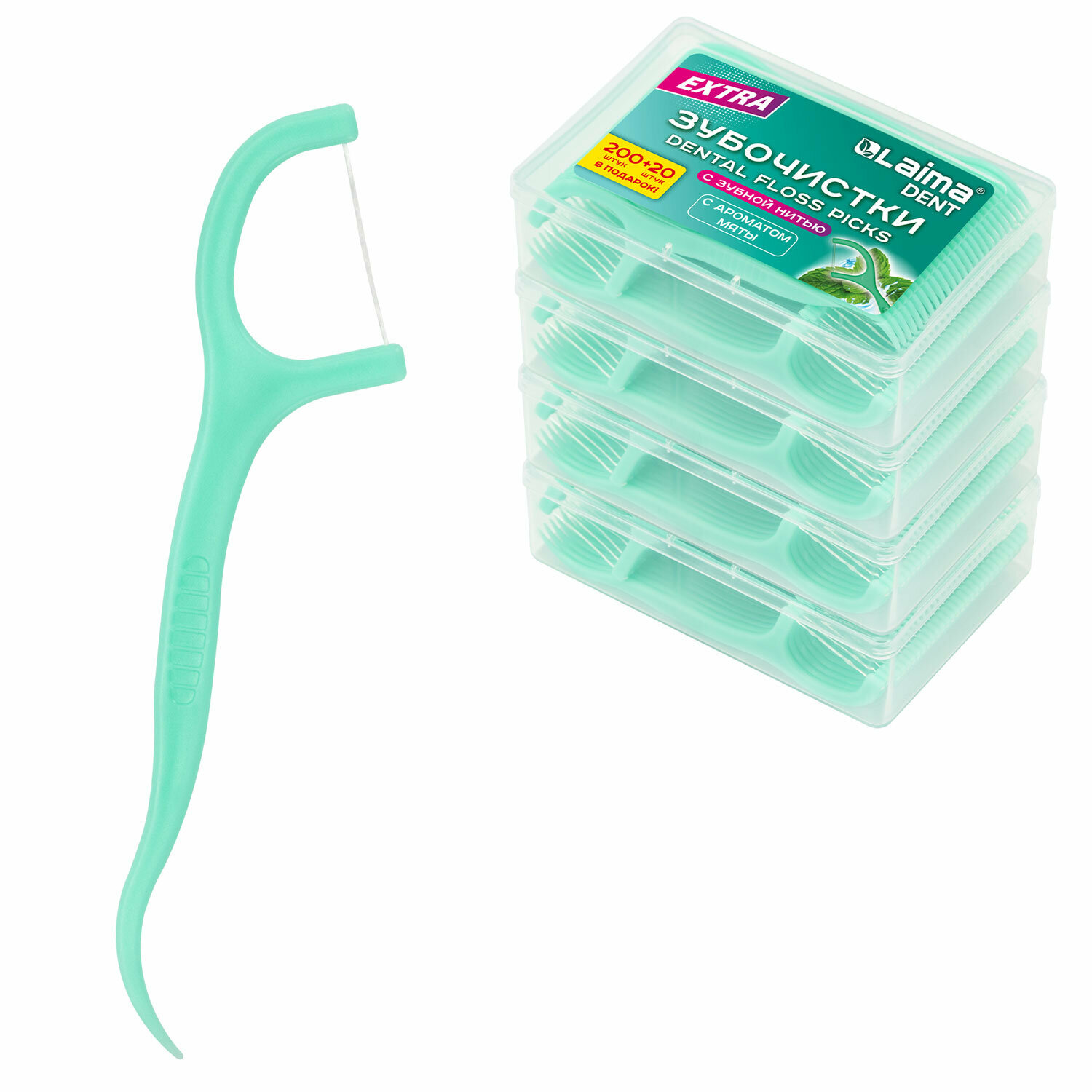 Набор зубочисток LAIMA с зубной нитью, 4х50 шт, +20 шт, в боксе, флоссеры 609407