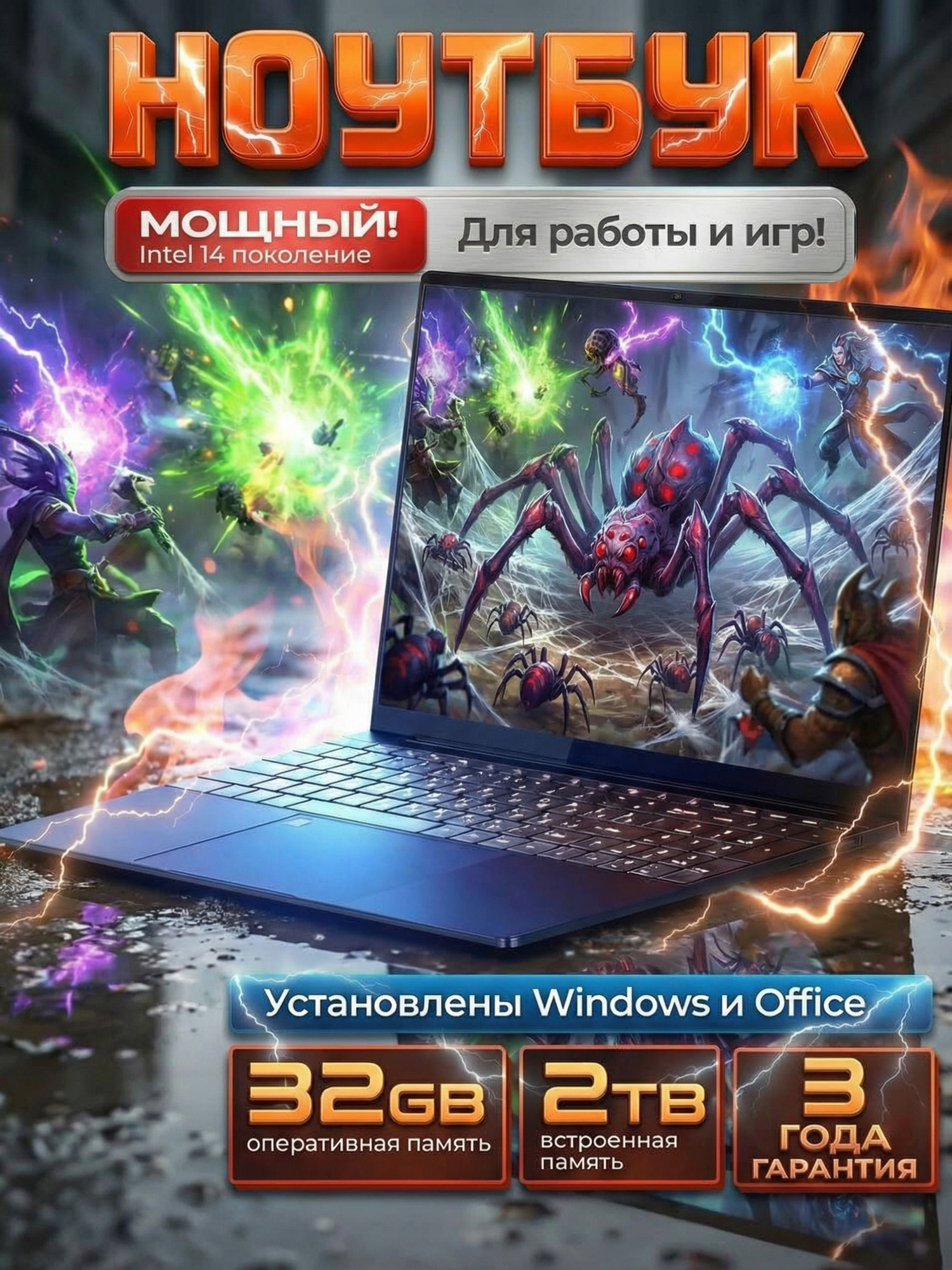 Ноутбук игровой 2026 N-Series, RAM 32GB, SSD 2048GB, IPS + Windows