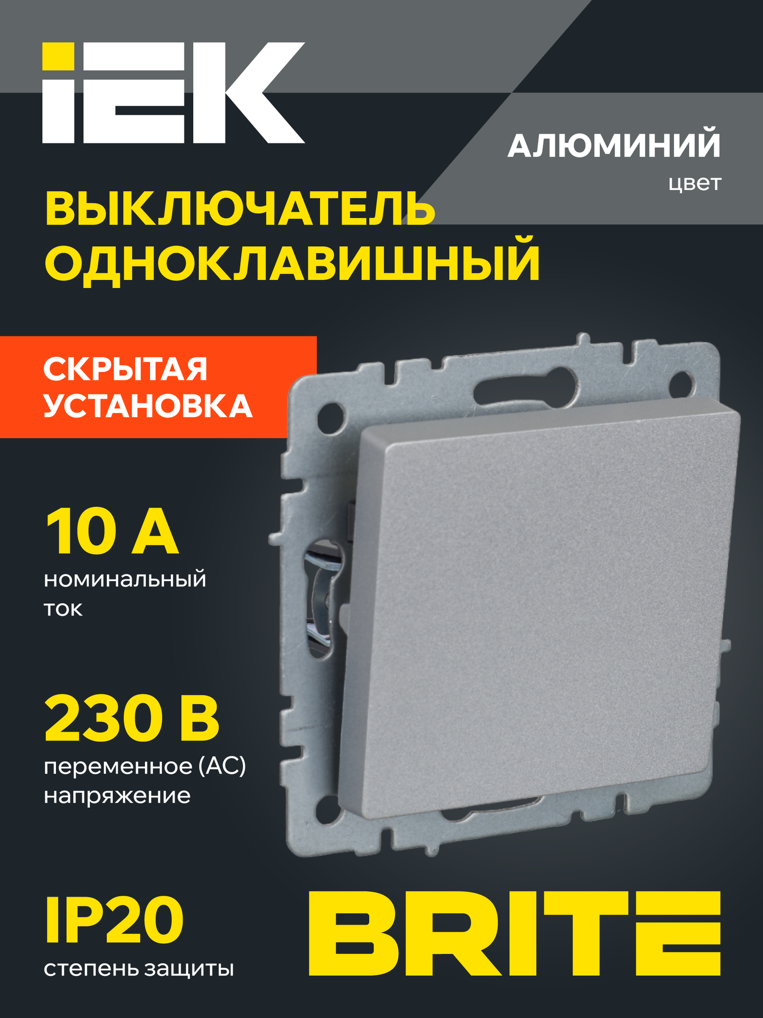 Выключатель одноклавишный ВС10-1-3-БрА 10А алюминий IEK серия BRITE