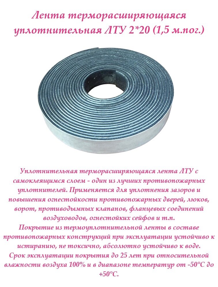 Противопожарная уплотнительная терморасширяющаяся лента ЛТУ 2х20 мм 1.5 м. пог.