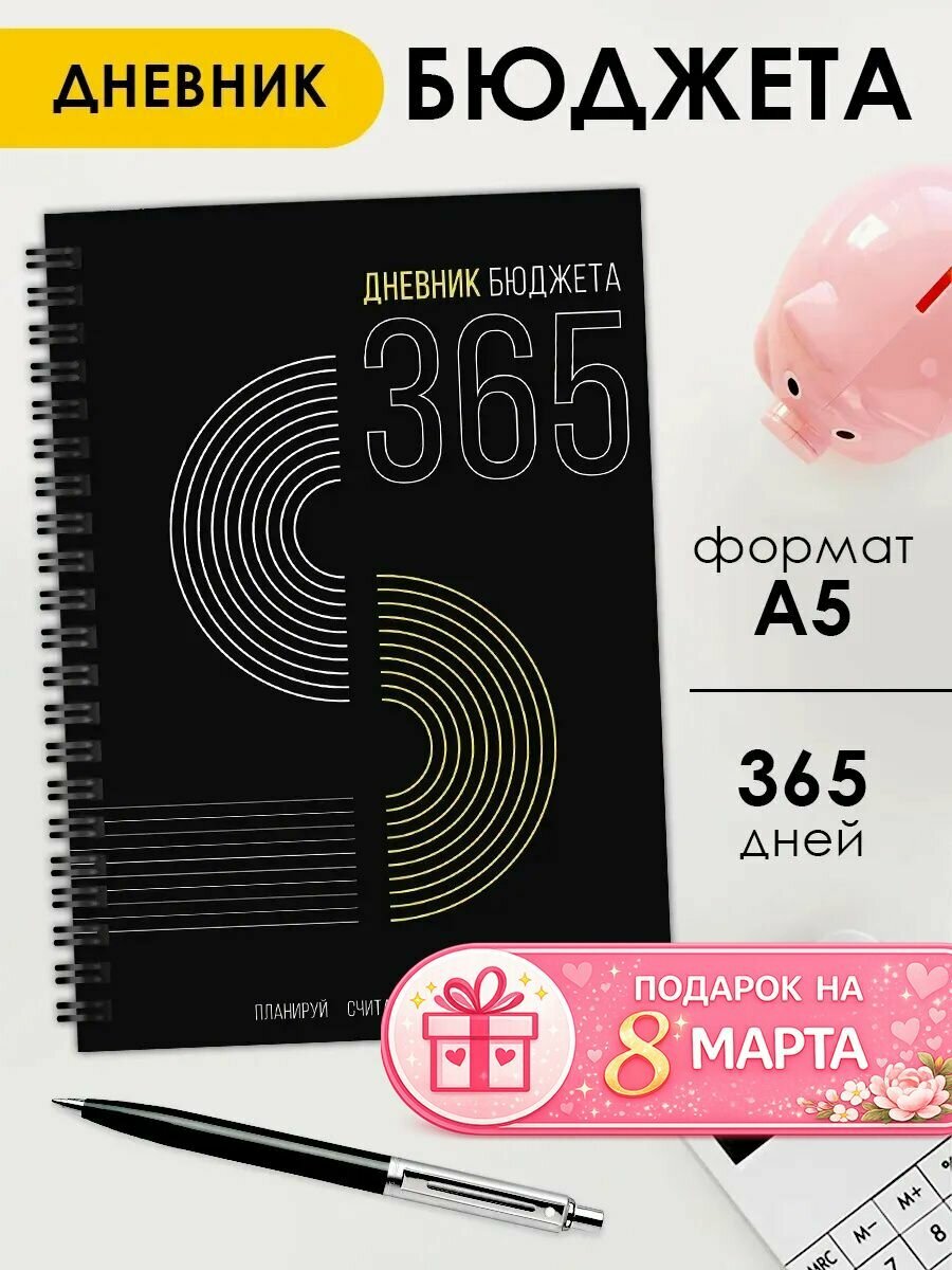 Дневник бюджета PLAN4YOU, финансовый планер на год, мягкий переплет, формат А5, 365 дней, черный