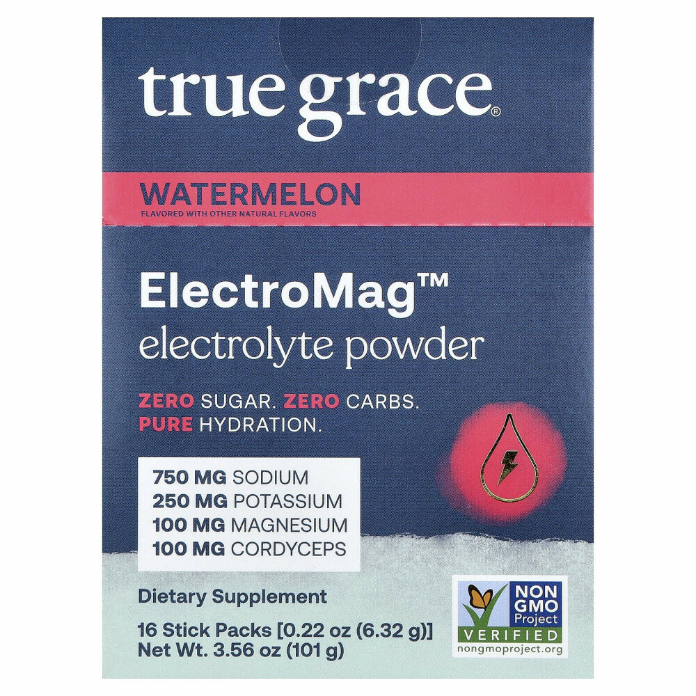 True Grace, ElectroMag™, электролитный порошок, со вкусом арбуза, 16 пакетиков по 6,32 г (0,22 унции)
