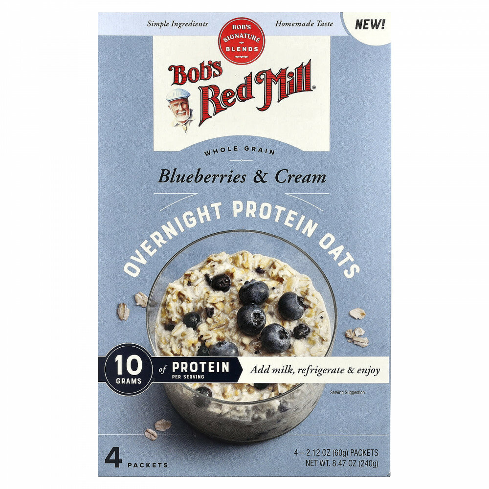 Bob's Red Mill, Overnight Protein Oats, цельнозерновые продукты, голубика и сливки, 4 пакетика по 60 г (2,12 унции)