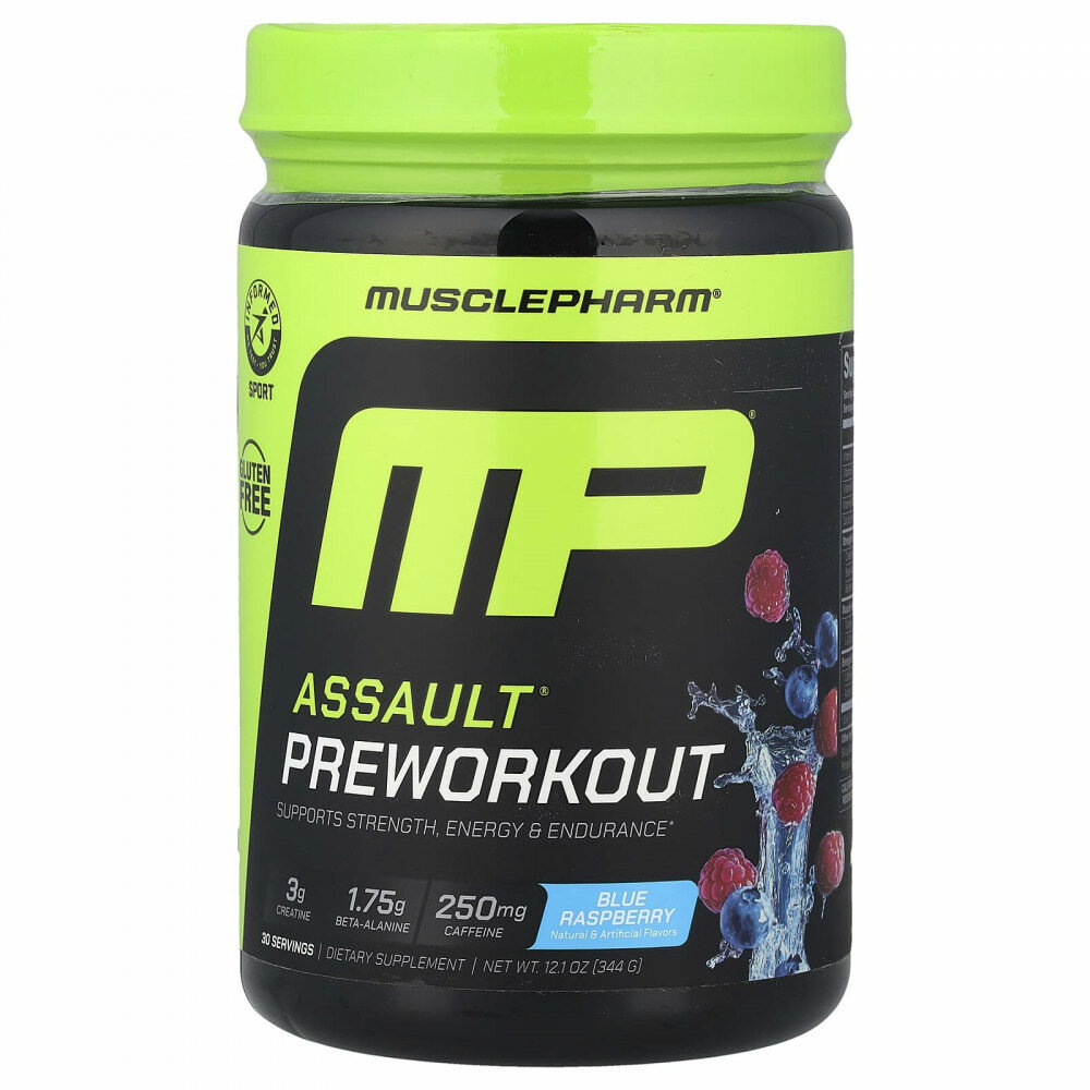 MusclePharm, Assault®, добавка для приема перед тренировкой, голубая малина, 344 г (12,1 унции)