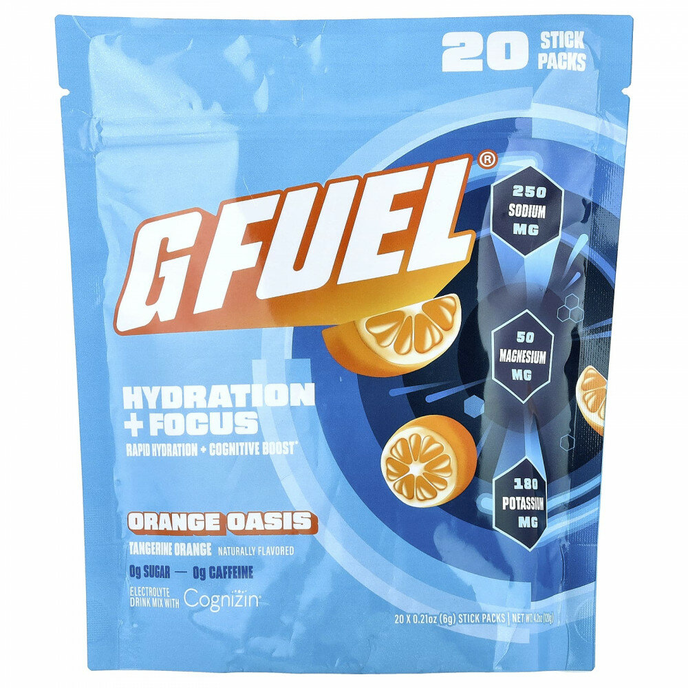 G FUEL, Hydration + Focus, смесь для приготовления электролитического напитка с Cognizin®, со вкусом апельсина, 20 пакетиков-стиков по 6 г (0,21 унции)