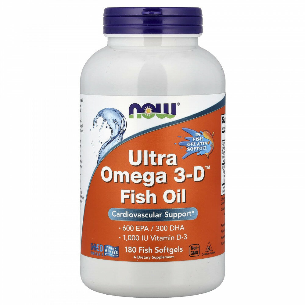 NOW Foods, Ultra Omega 3-D™, рыбий жир с омега-3, 180 капсул из рыбьего желатина