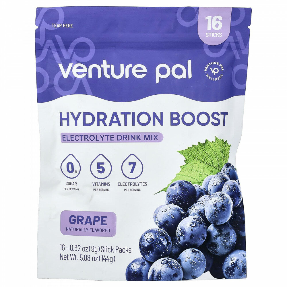 Venture Pal, Hydration Boost, смесь для приготовления электролитического напитка, со вкусом винограда, 16 пакетиков по 9 г (0,32 унции)