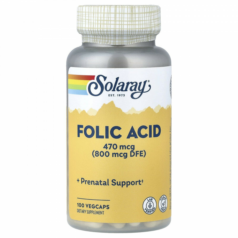 Solaray, фолиевая кислота, 470 мкг (800 мкг DFE), 100 растительных капсул