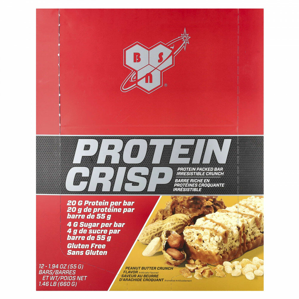 BSN, Protein Crisp, кранч с арахисовой пастой, 12 батончиков, 56 г (1,97 унции) каждый