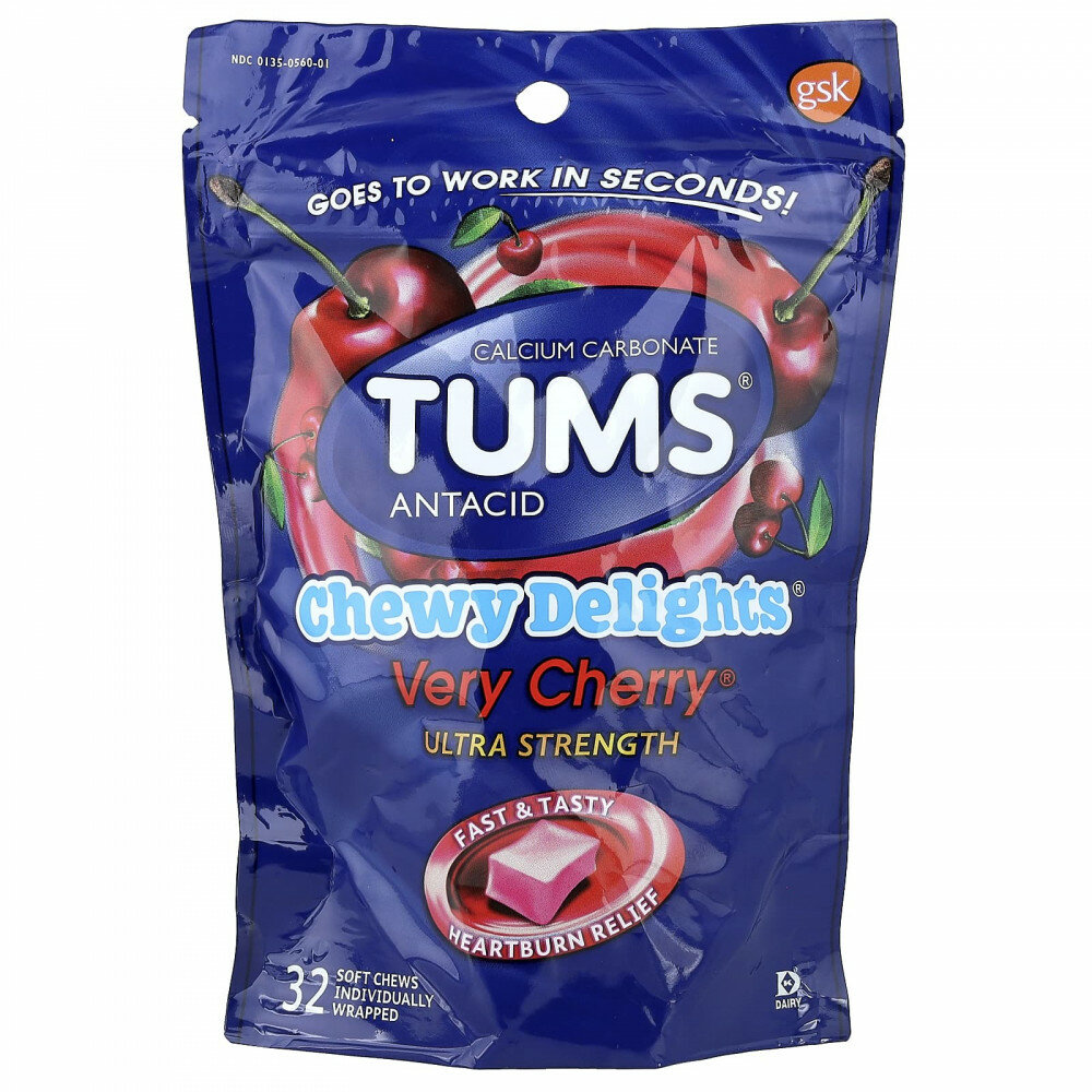 Tums, Chewy Delights®, антацид, повышенная сила действия, Every Cherry®, 32 жевательных таблетки (1177 мг в 1 жевательной таблетке)