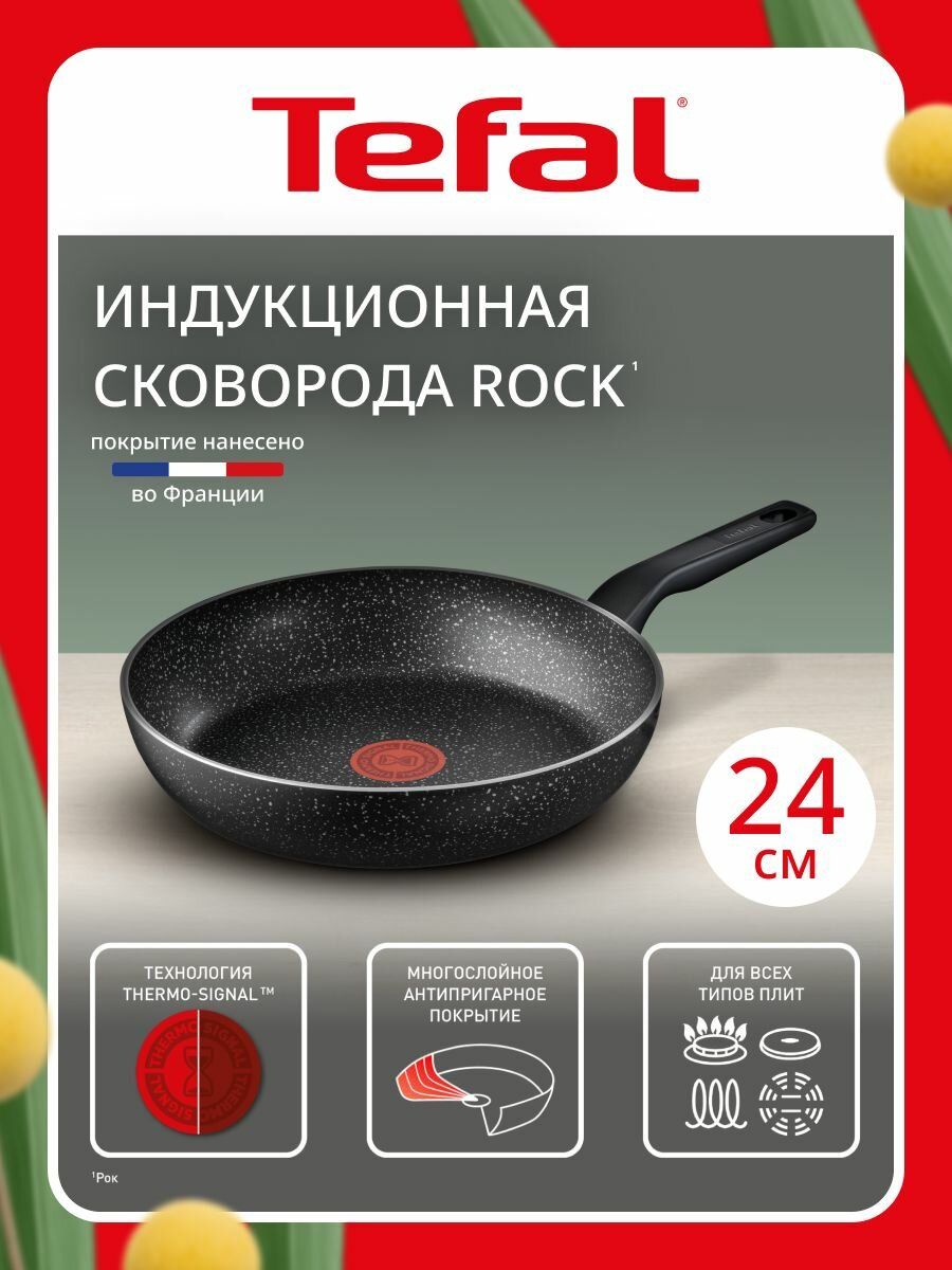 Сковорода Tefal Rock 24 см, с индикатором температуры, антипригарным покрытием, глубокая, для газовых, электрических и индукционных плит