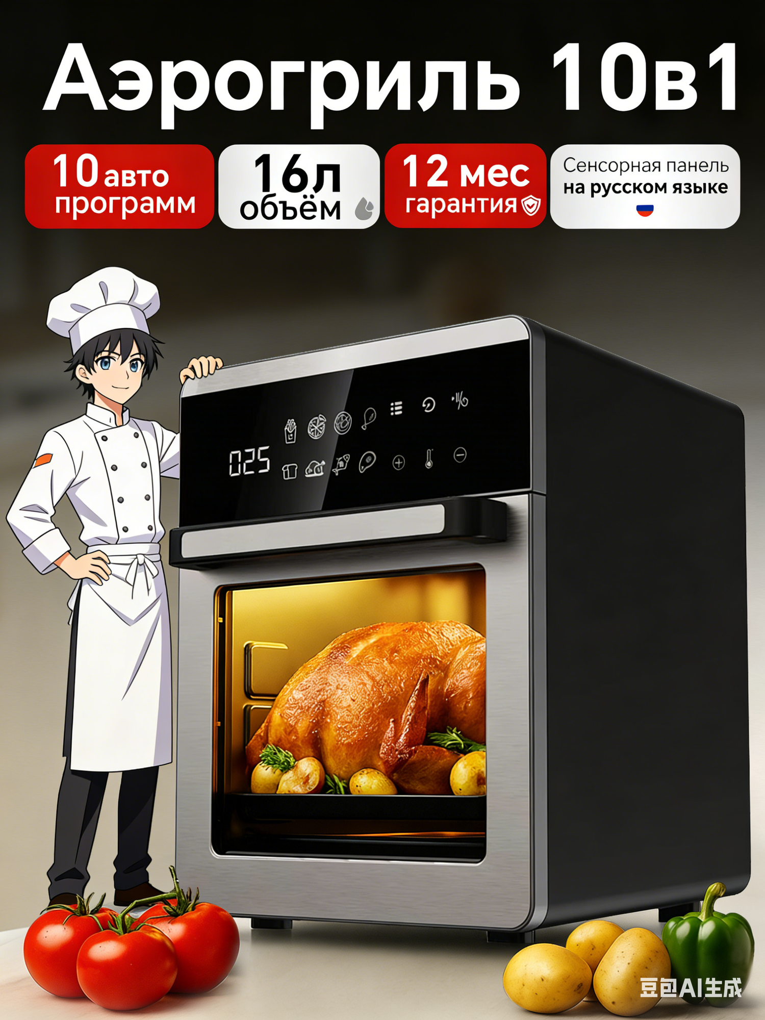 Аэрогриль, 1800Вт, 16л, Сяомин, электронное управление, регулировка температуры и конвекции