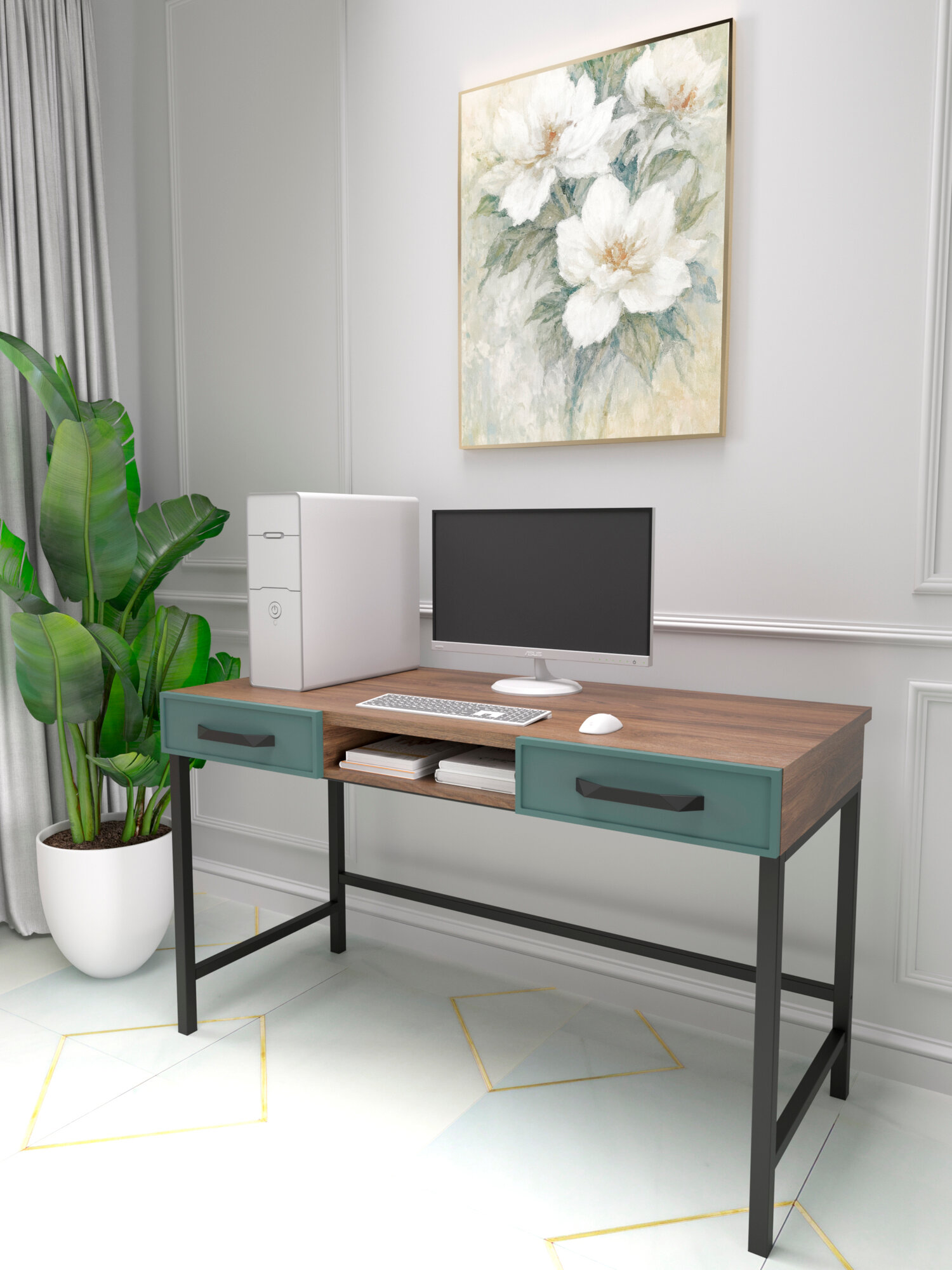 Стол Тренд 130х60 см компьютерный, письменный с ящиками, Дуб Чарльстон+зеленый. Столешница 25 мм