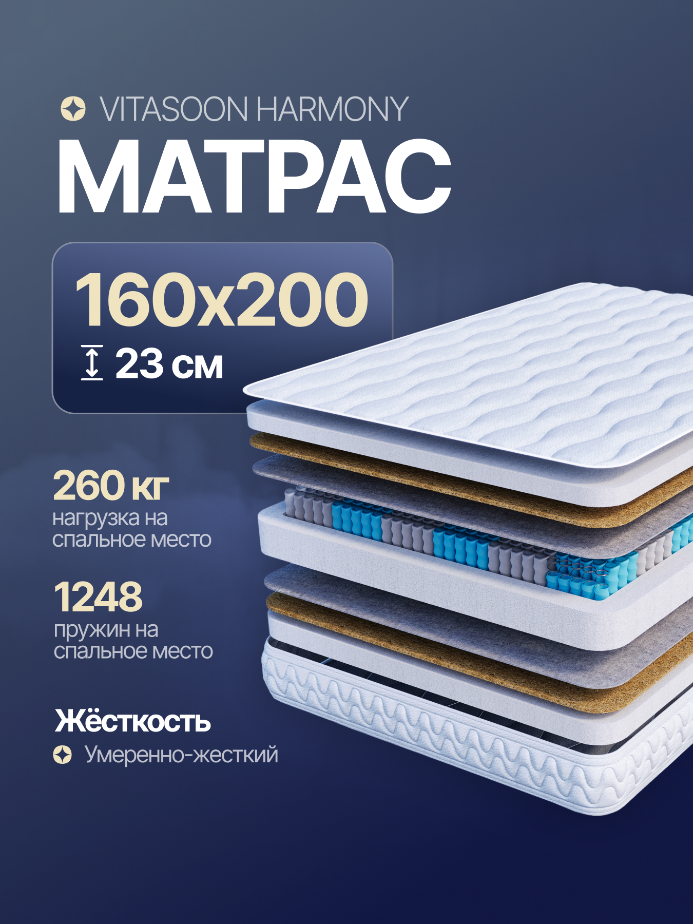 Матрас 160х200 ортопедический пружинный высота 23 см Vitasoon Harmony двуспальный