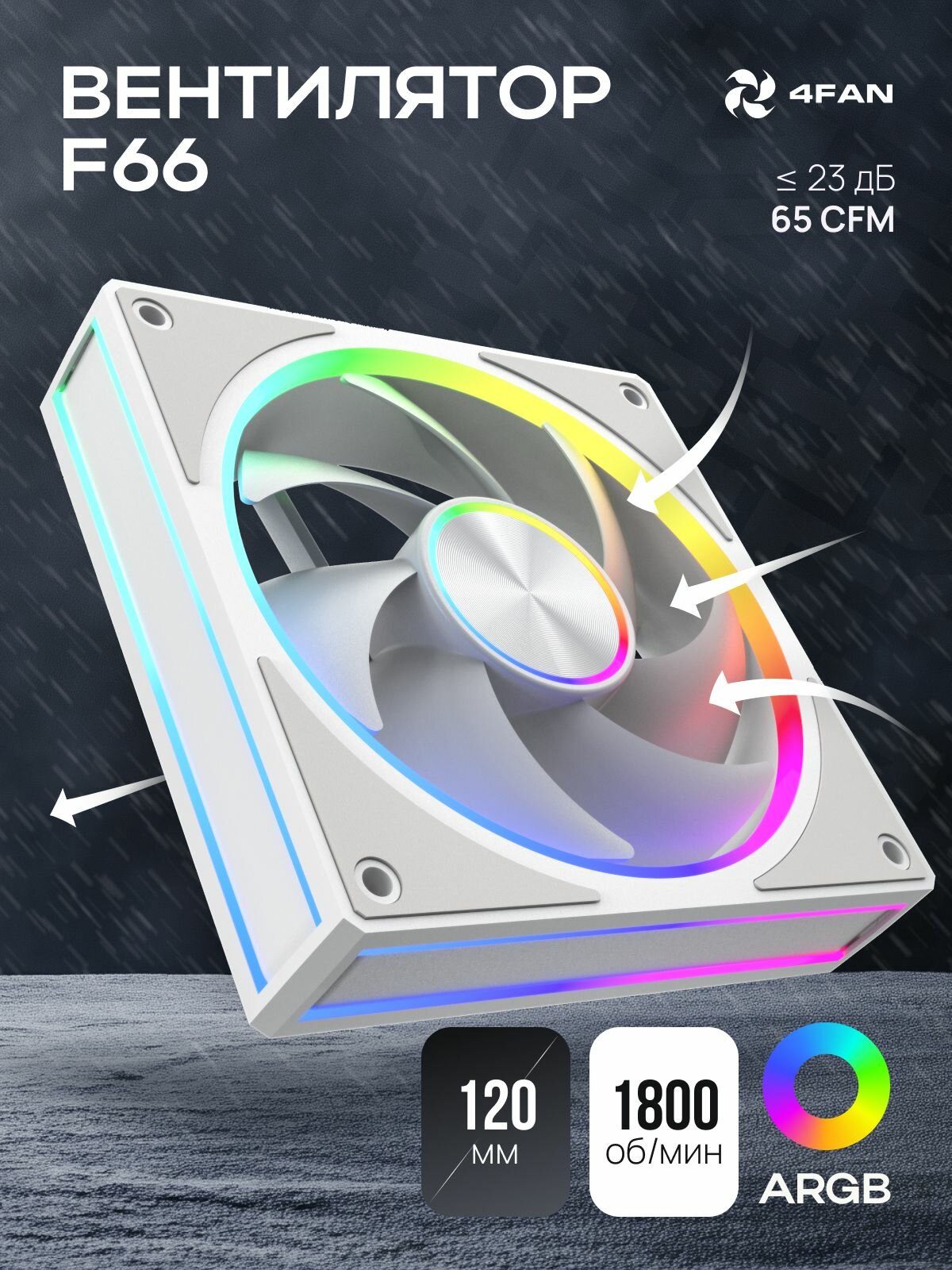 4FAN F66. Мощный корпусный вентилятор с подсветкой ARGB 120 мм, тихий вентилятор для ПК, белый цвет, для геймерской сборки и охлаждения