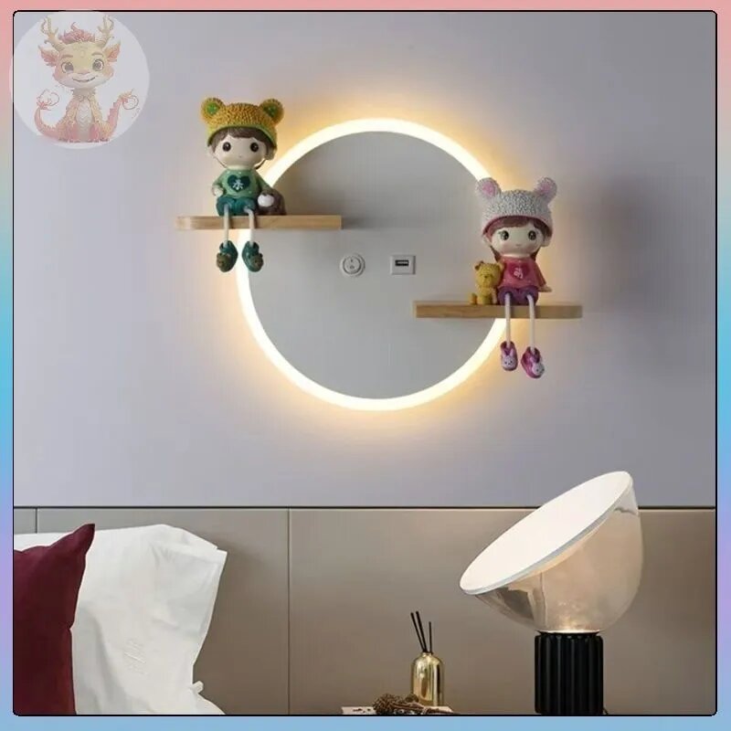 Настенный светильник LED 18 Вт, с полками из дерева, USB для зарядки, для детской