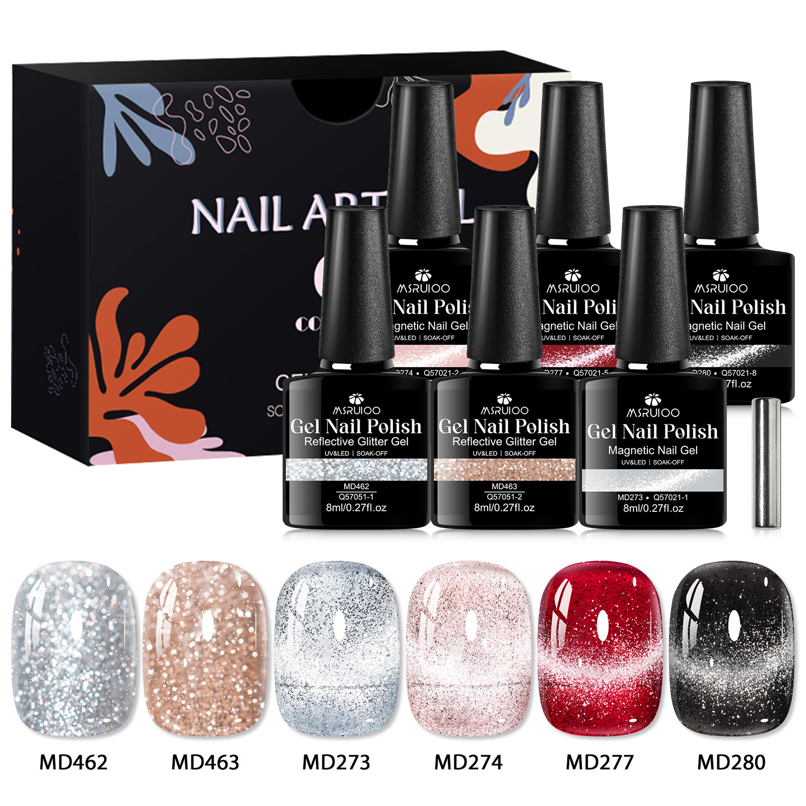 Набор 7 шт. Супер-блестящий широкий Кошачий глаз магнитный гель-лаков по 8ml: Высокий глянец, Длительный блеск, легко наносится, Устойчивый магнитный эффект, для LED/UV ламп, Нейл-арт