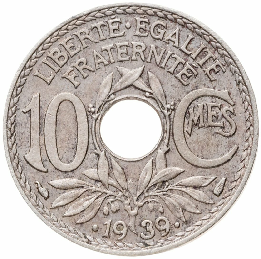 Франция 10 сантимов centimes 1939, Бронза, в сохранности XF