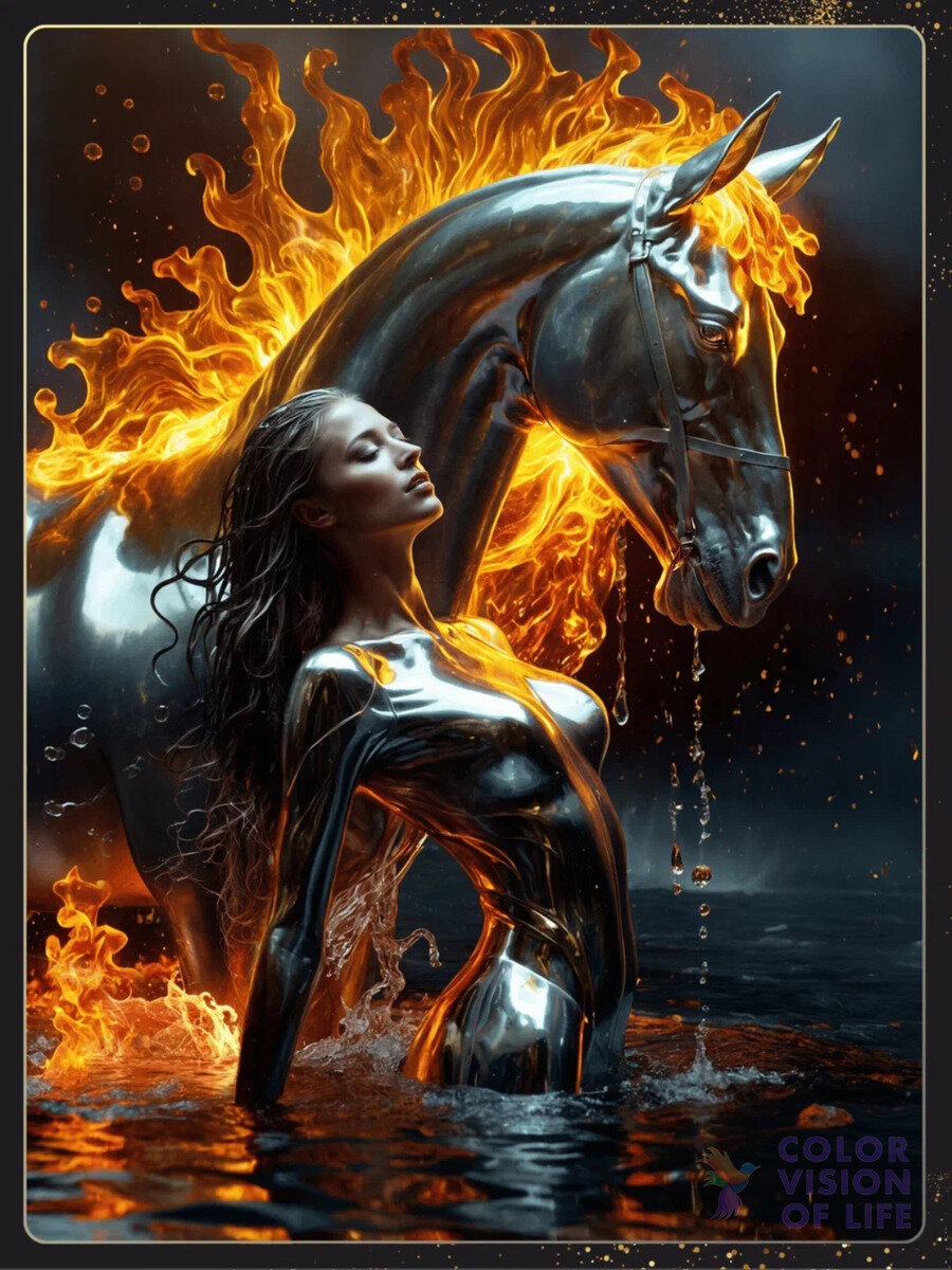 Алмазная мозаика "Девушка с черным огненным конем"