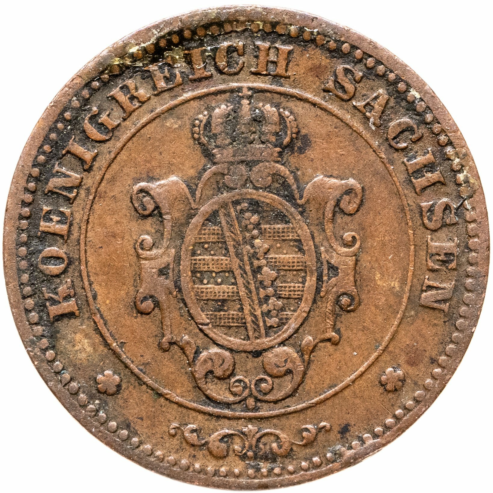 Германия, Саксония 1 пфенниг 1865, Медь, в сохранности VF