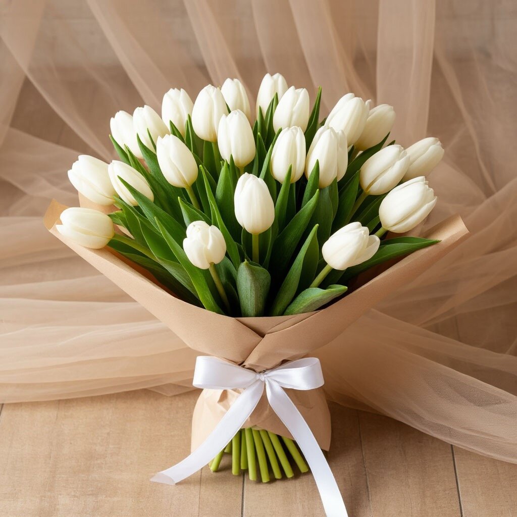 Букет из белых тюльпанов 25шт, красивый букет цветов, шикарный, премиум цветы, премиум букет