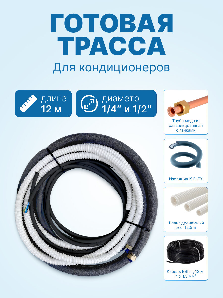 Готовая трасса для монтажа кондиционеров комплект 1/4" и 1/2" - 12 метров, трасса сплит-системы
