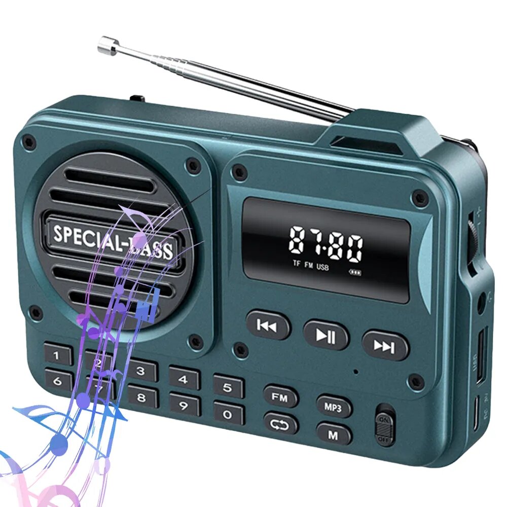 Магнитола FM/AM радиоприемник, синий, портативный, MP3, USB, TF
