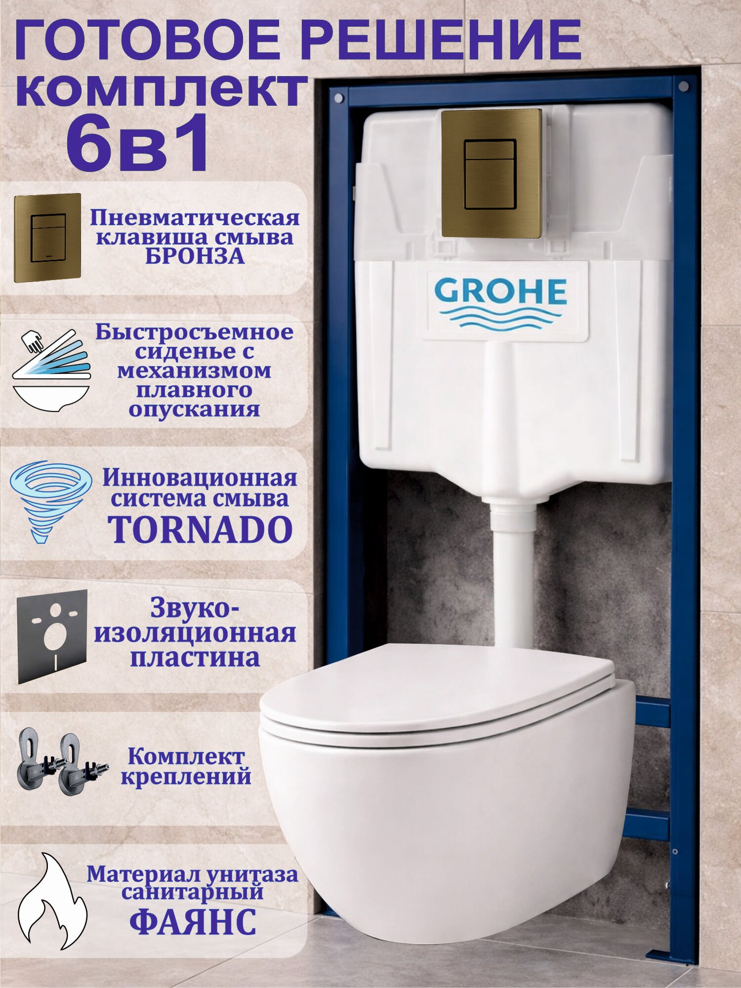 Комплект: инсталляция GROHE с подвесным унитазом GROSSMAN 4455, безободковый, белый с крышкой, микролифт, смыв торнадо, кнопка смыва Бронза