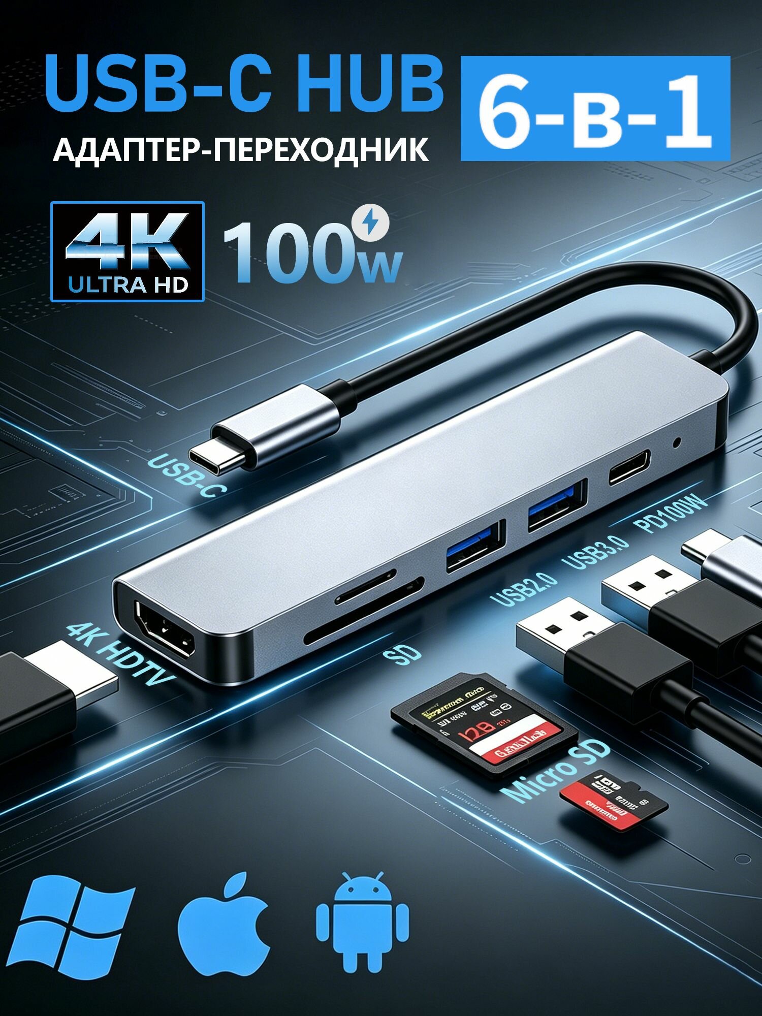 USB-хаб Type-C HUB 6 портов с HDMI, USB 3.0, USB 2.0, Type-C PD, MicroSD, SD концентратор, разветвитель для ноутбуков и смартфонов