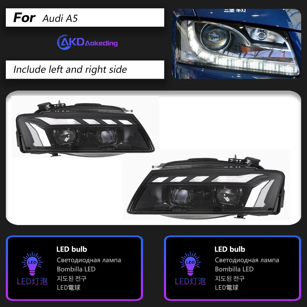 Фары AKD для Audi A5 LED фары с проекторным линзой 2008-2011 Анимация S5 Дневные ходовые огни Динамический сигнал Задний ход Автомобильный аксессуар
