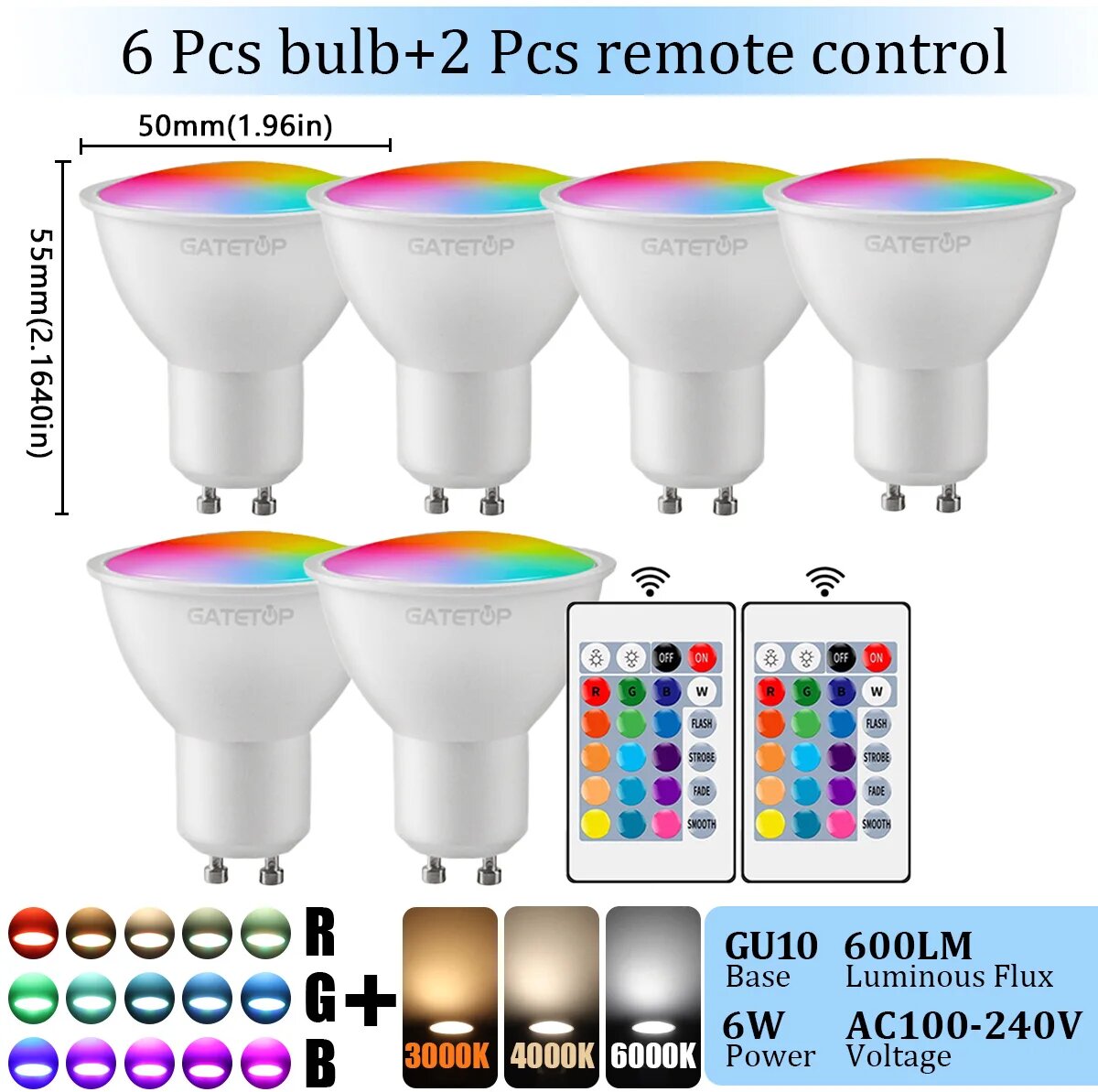 RGB светодиодная лампочка GU10 Gatetop 6 Вт