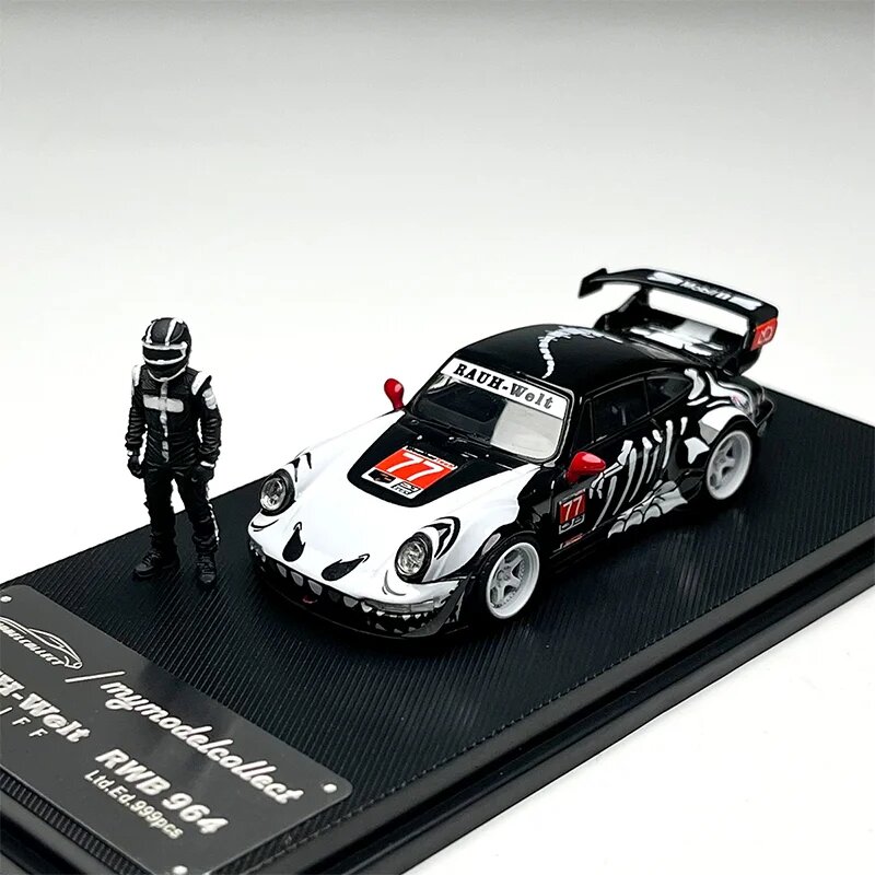 Коллекционная модель автомобиля MC 1:64 Porsche RWB 964 из литого сплава с миниатюрной фигуркой, ливреей Skeleton и высоким задним антикрылом, для гоночных симуляторов и демонстрации
