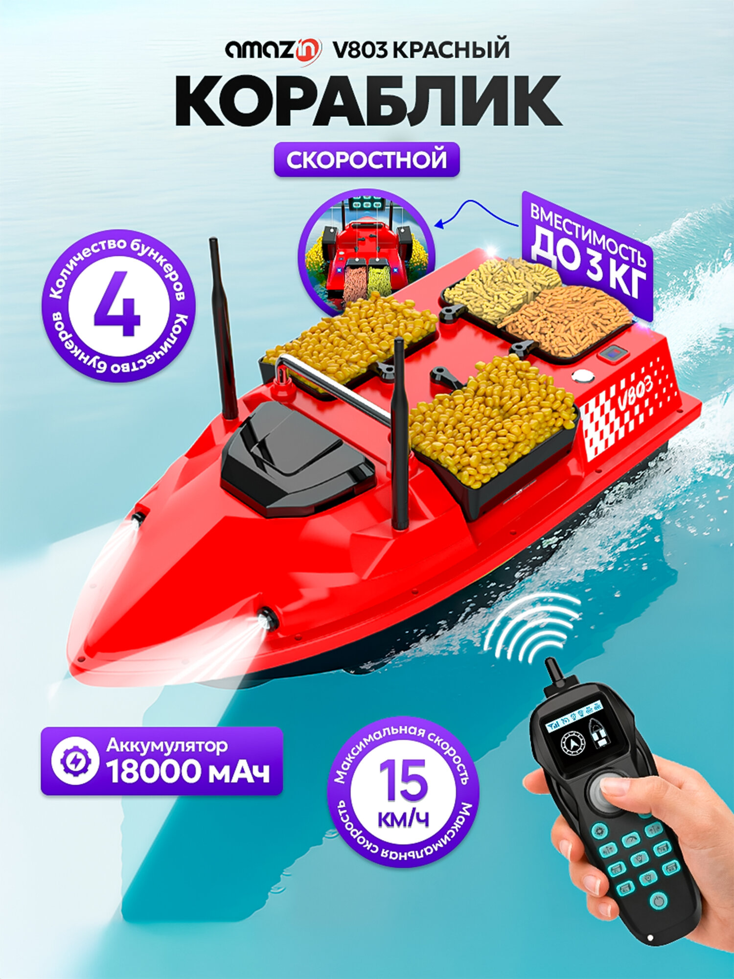Прикормочный кораблик для карповой рыбалки скоростной Amazin V803