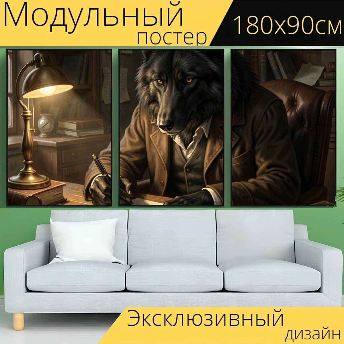 Модульный постер "Волк-писатель за рабочим столом. Атмосферная фэнтези-иллюстрация: антропоморфный хищник в тёплом кабинете пишет." 180 x 90 см. для интерьера на стену в тубусе