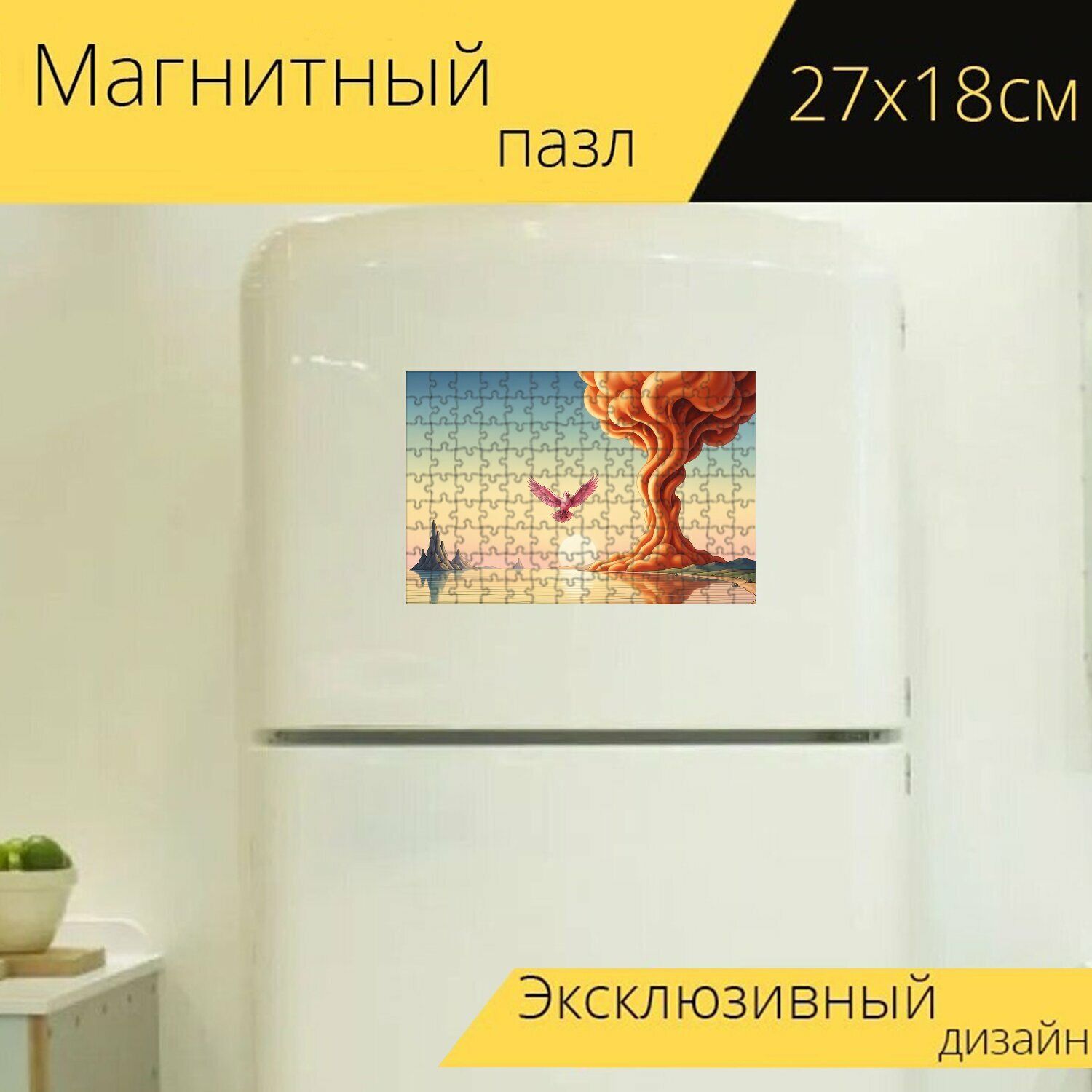 Магнитный пазл "Фантазийный пейзаж с розовой птицей. Сюрреалистическая сцена с парящей птицей, огромным оранжевым облачным деревом, спокойной водой и." на холодильник 27 x 18 см.